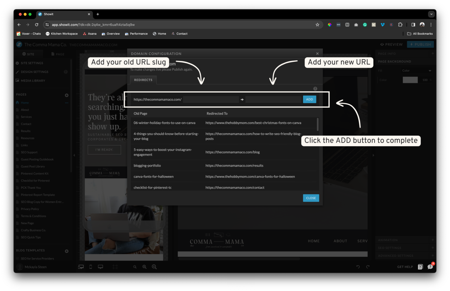 How to Set Up 301 Redirects in Showit - The Comma Mama Co.