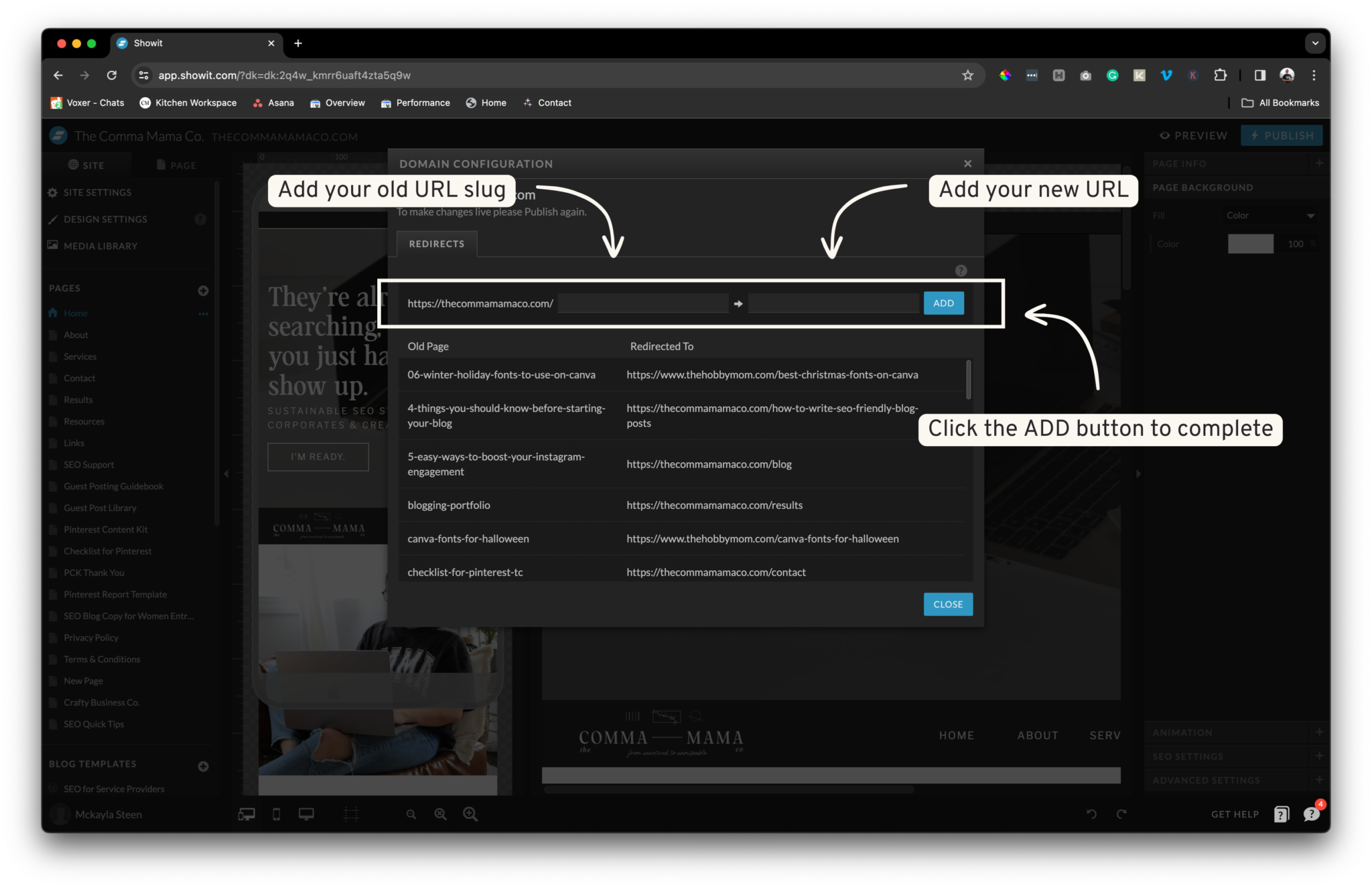 How to Set Up 301 Redirects in Showit - The Comma Mama Co.